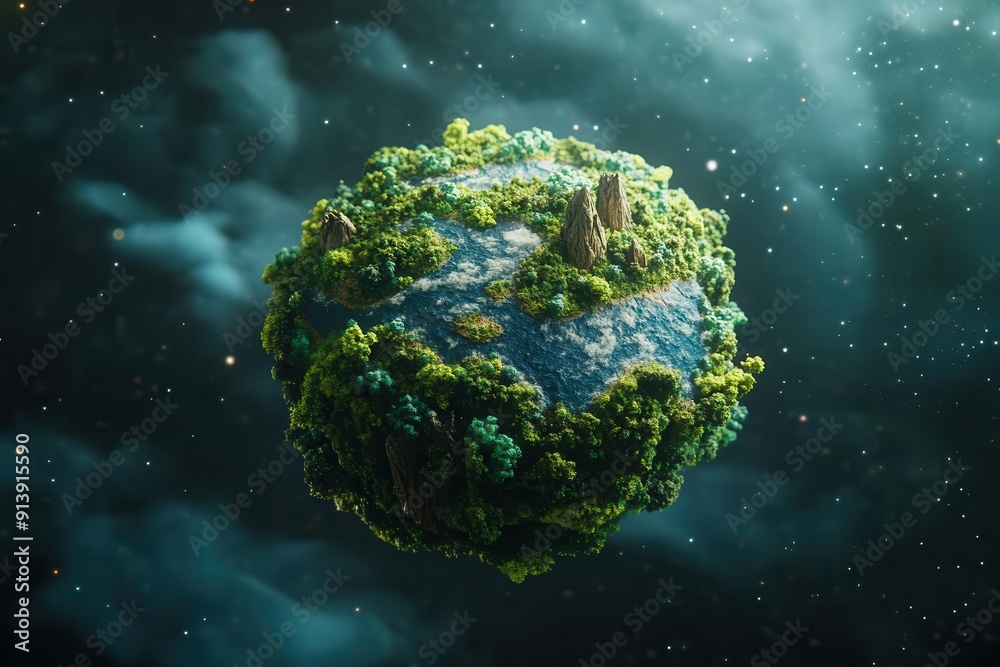 miniature lush green planet floating in space detailed topography with ...