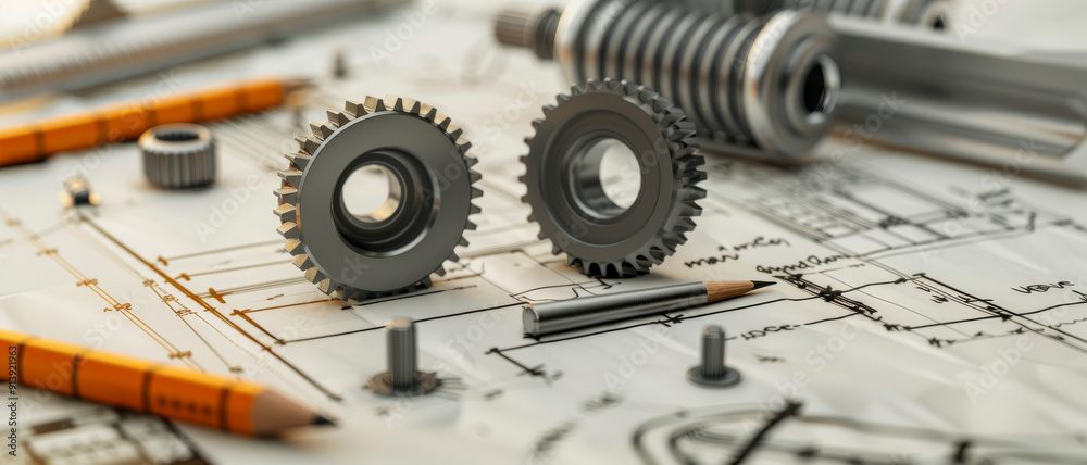 Two interlocking gears lie on top of a set of engineering blueprints ...