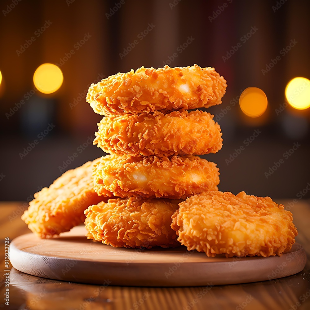 Golden, crispy fried chicken patties stacked on a wooden platter with a ...