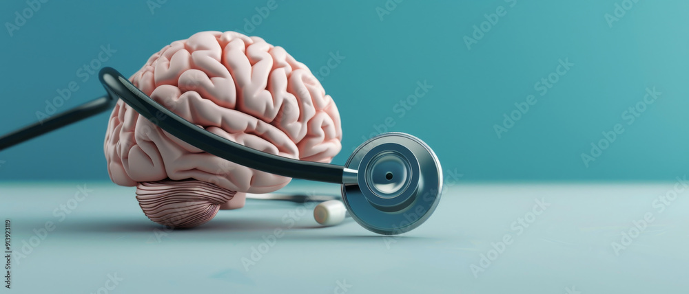 A human brain model and stethoscope resting on a light blue surface ...