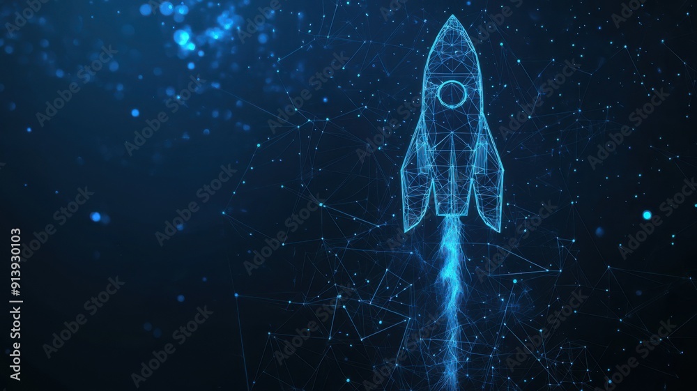 Polygonal wireframe mesh futuristic with rocket. Vector lines, dots and ...