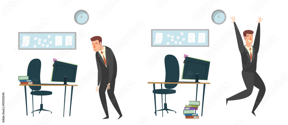 Businessman feeling opposite emotion at start and end of work day ...