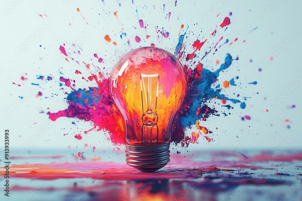 surreal exploding light bulb shattering into a burst of vivid paint ...