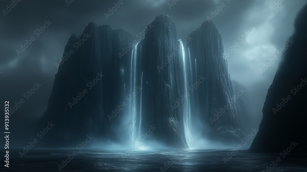 A dramatic and surreal scene of massive waterfalls plunging over the ...