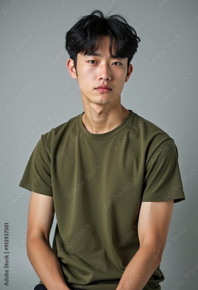 Handsome Korean Guy, Relaxed Pose, Simple Background, Olive Green Tee ...