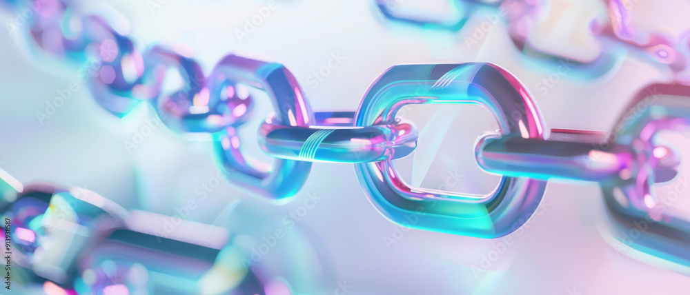 Glossy, metallic chains in vibrant hues intertwine on a reflective ...