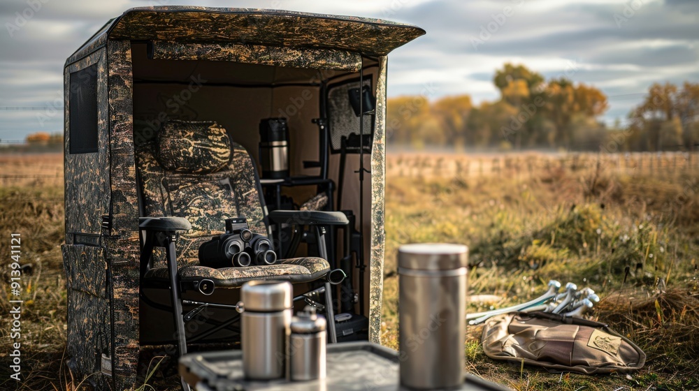 Camouflaged Hunting Blind with Chair and Binoculars Stock Illustration ...