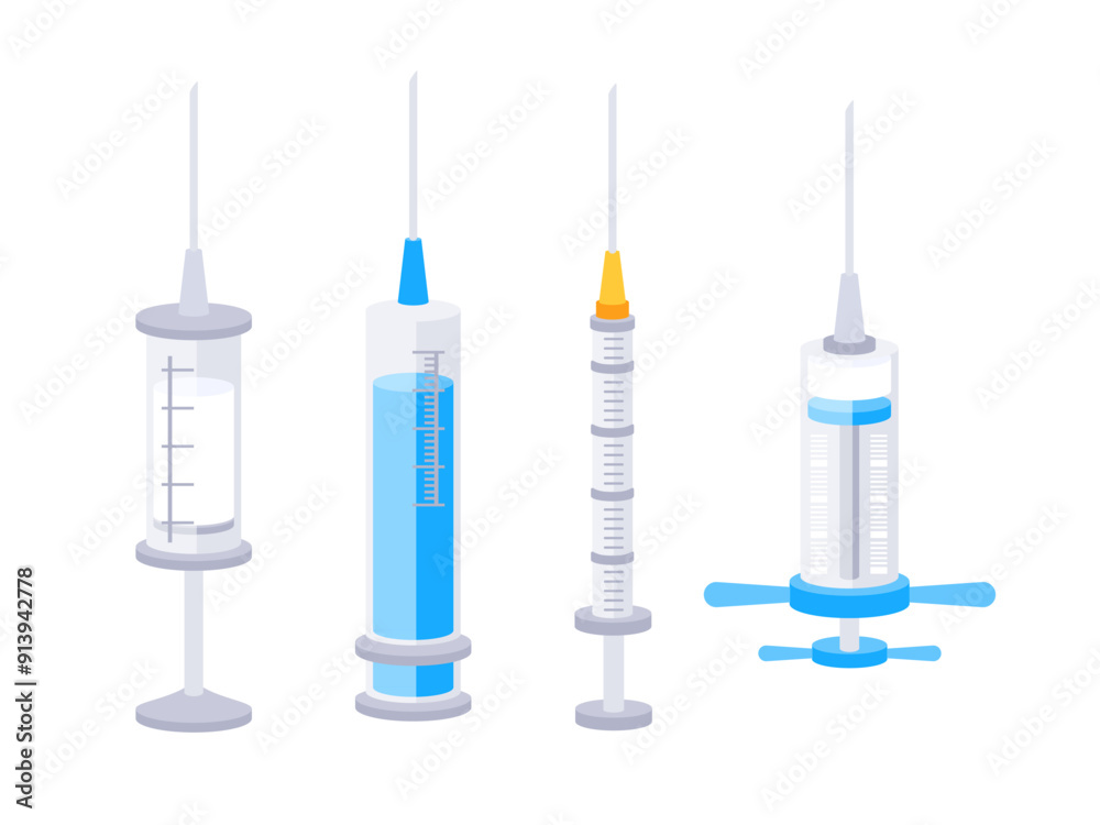 Syringes set. Medical plastic syringes of different sizes. Subcutaneous ...