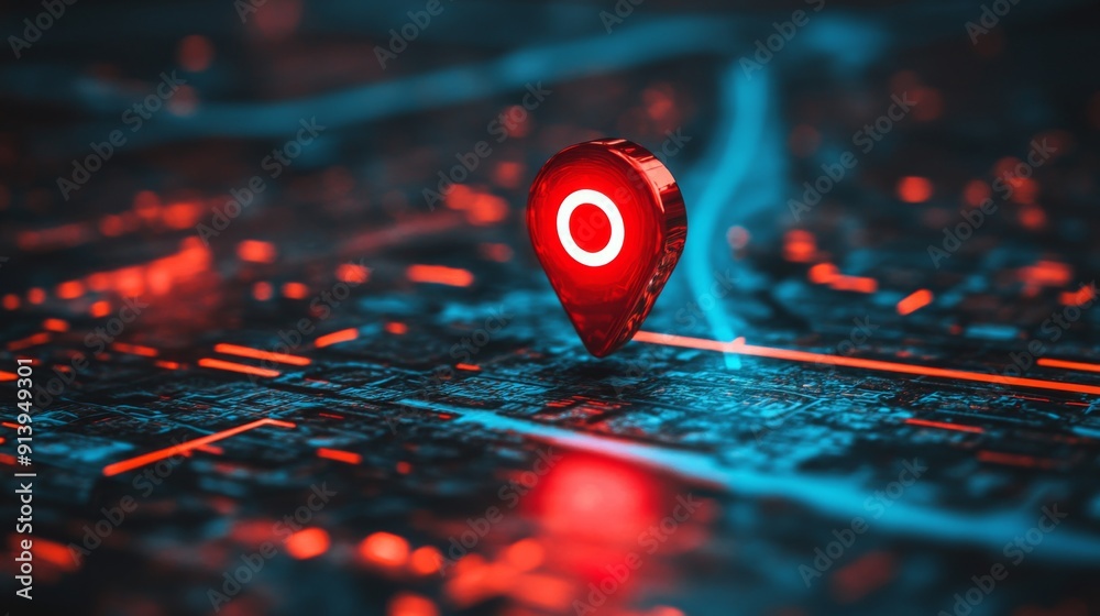 Red map pin standing on a high-tech road with digital navigation ...