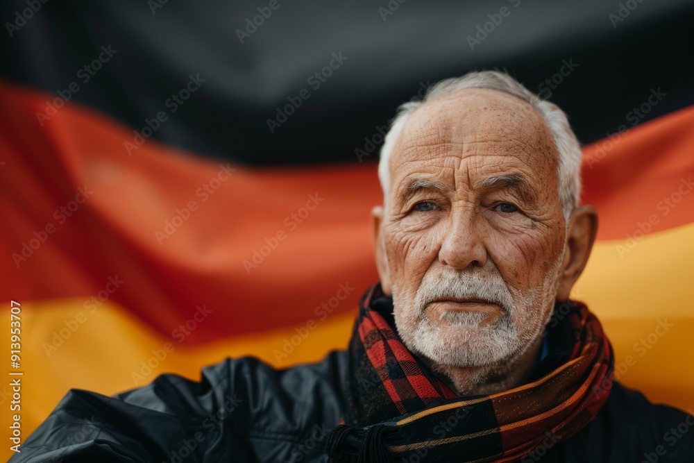 Senior face marked resilience holding germany flag amidst despair ...