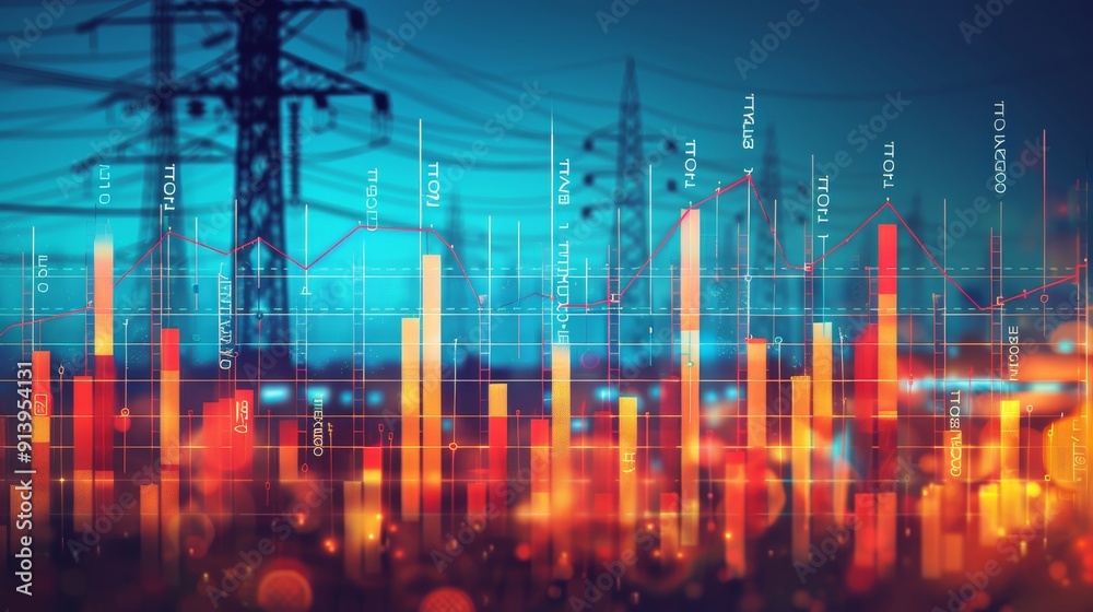 Energy symbols on stock market graph in accordion style against ...