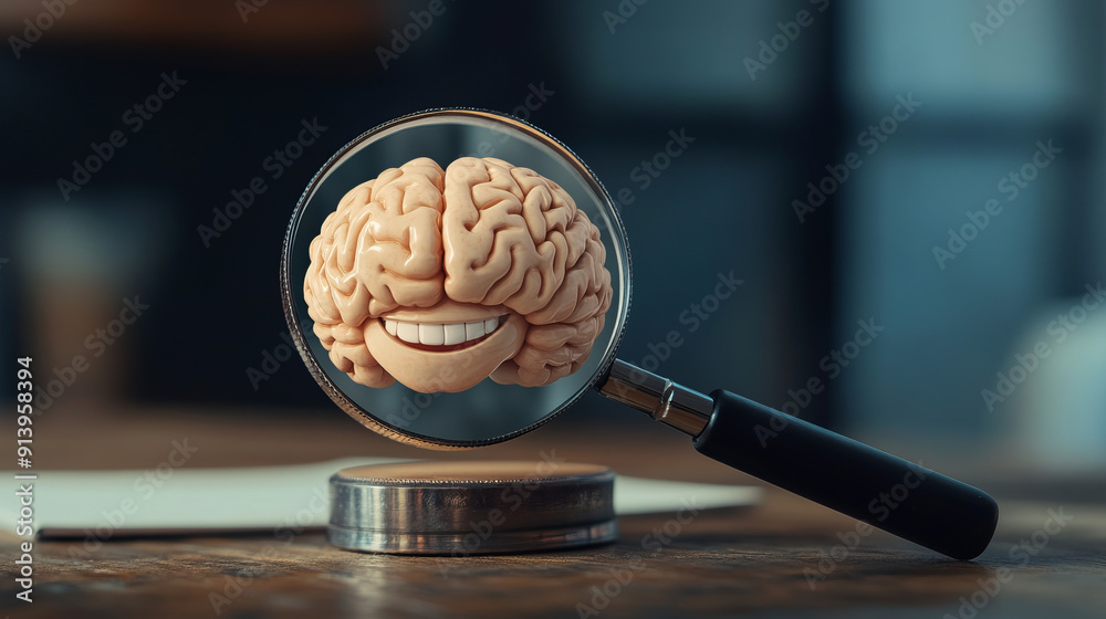 A magnifier focusing on the human brain with a smiley mental health ...