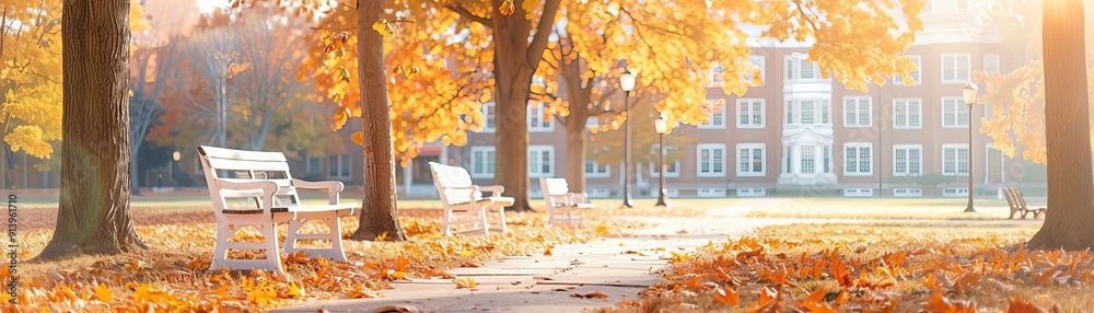An autumn day on a campus, where students are reading on benches under ...