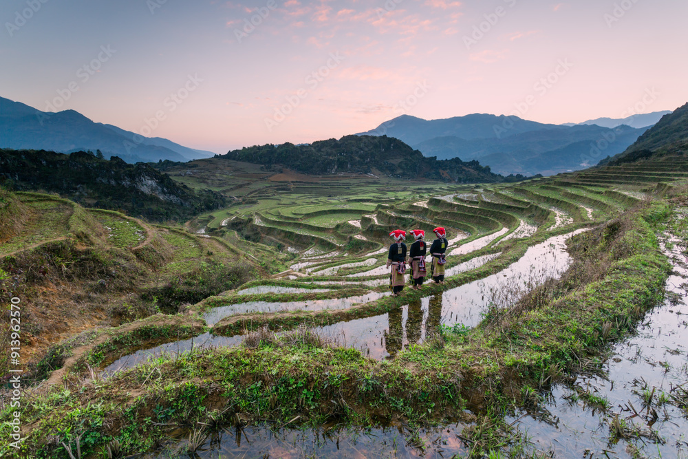 Women wearing traditional clothes from Red Dao tribe at the rice field ...