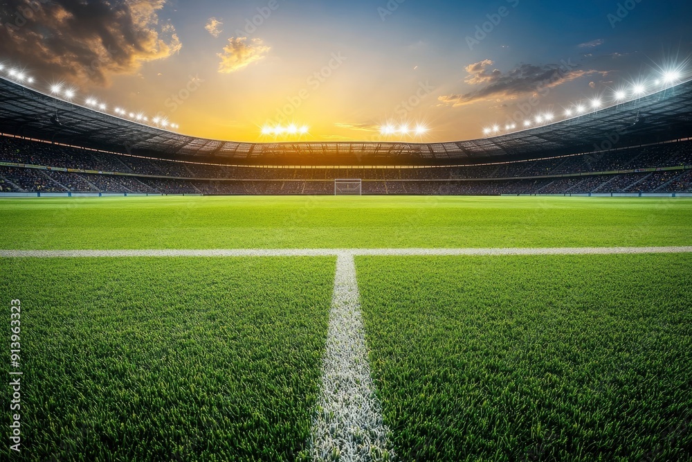 Impressive soccer stadium prepared for the evening match. Football ...