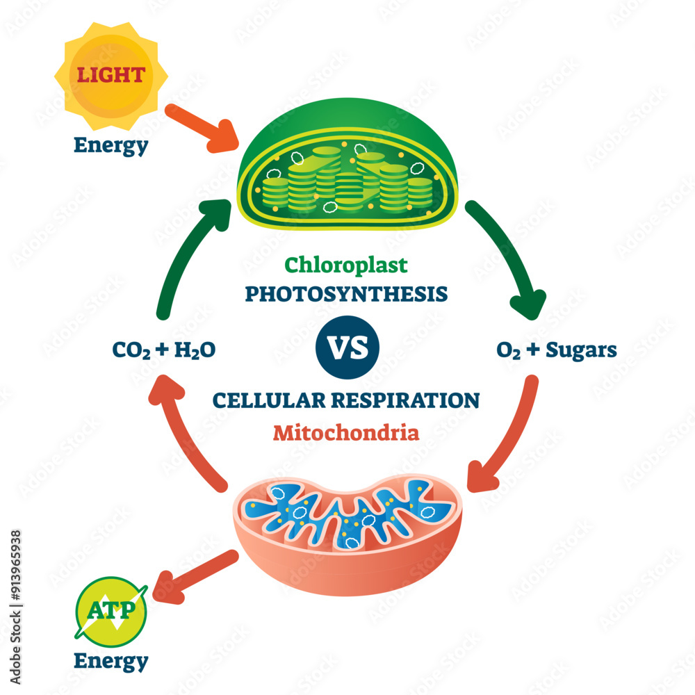 Chloroplast vs mitochondria process educational scheme illustration ...