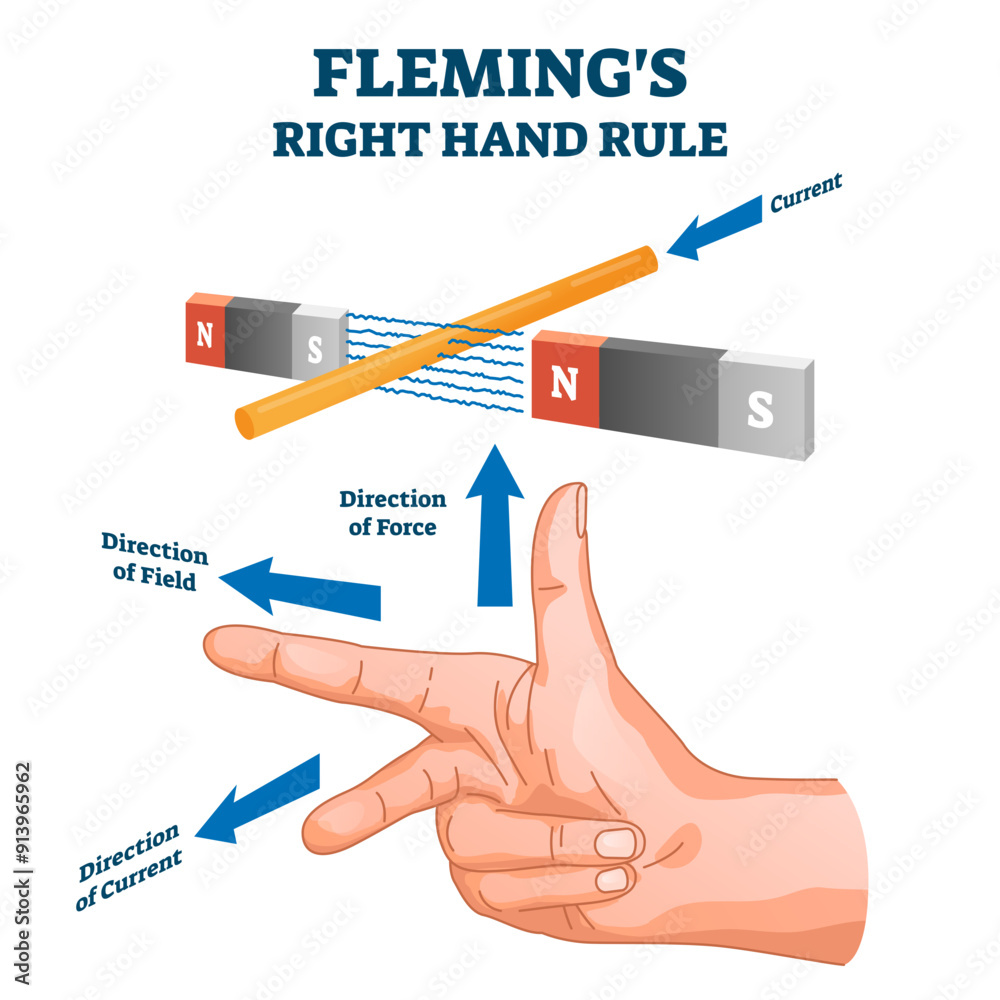 Poster Fleming's right hand rule, illustration example diagram ...