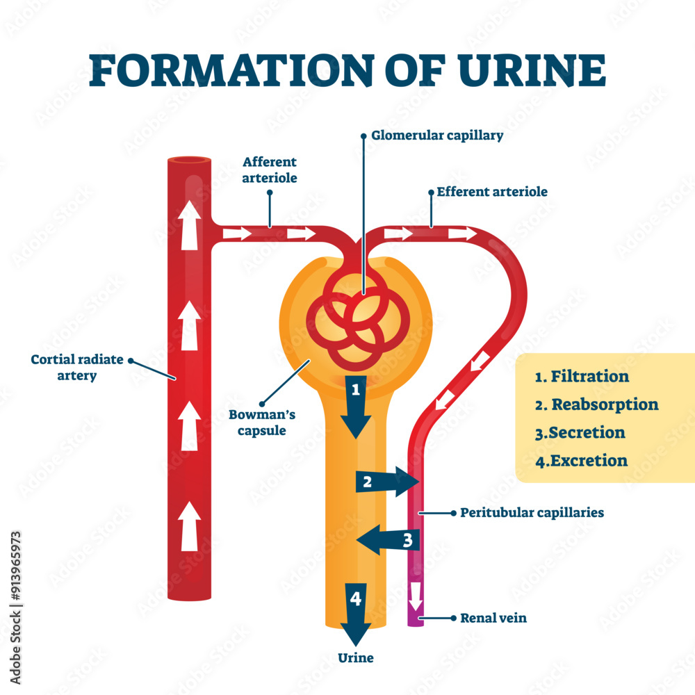Formation of urine illustration, transparent background.Labeled ...