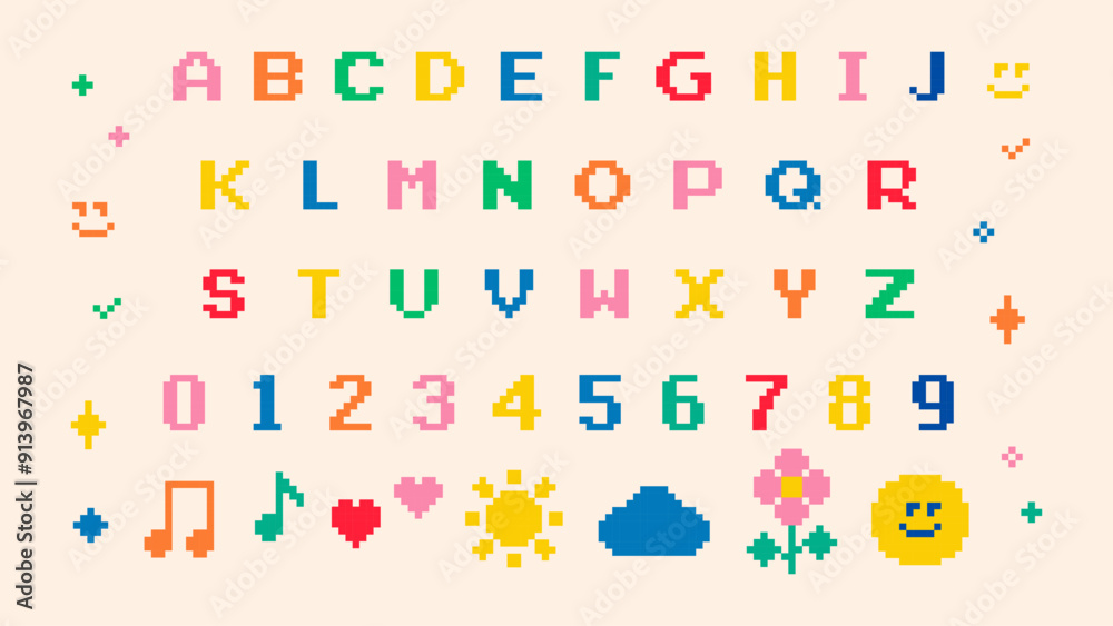 Pixel alphabet letters and number. Funny naive design elements ...