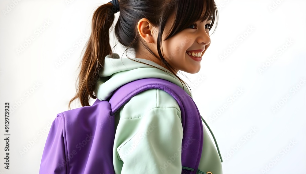 Teenager in a light green hoodie with a purple backpack standing ...