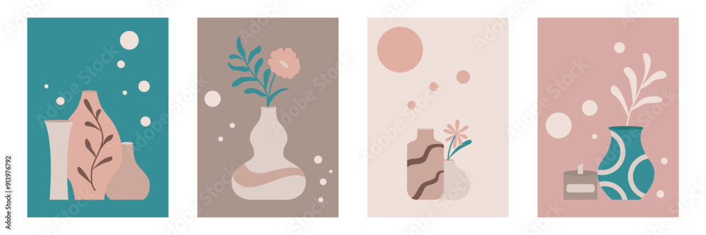 Set of wall paintings with vases and flowers in modern style ...