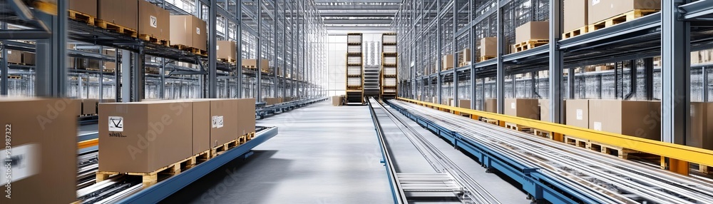 Industrial warehouse with automated sorting system, Hightech, Grey and ...