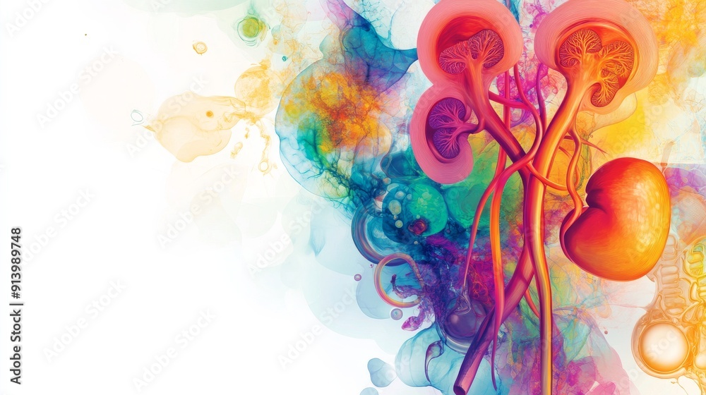 An artistic depiction of the human urinary system with colorful ...