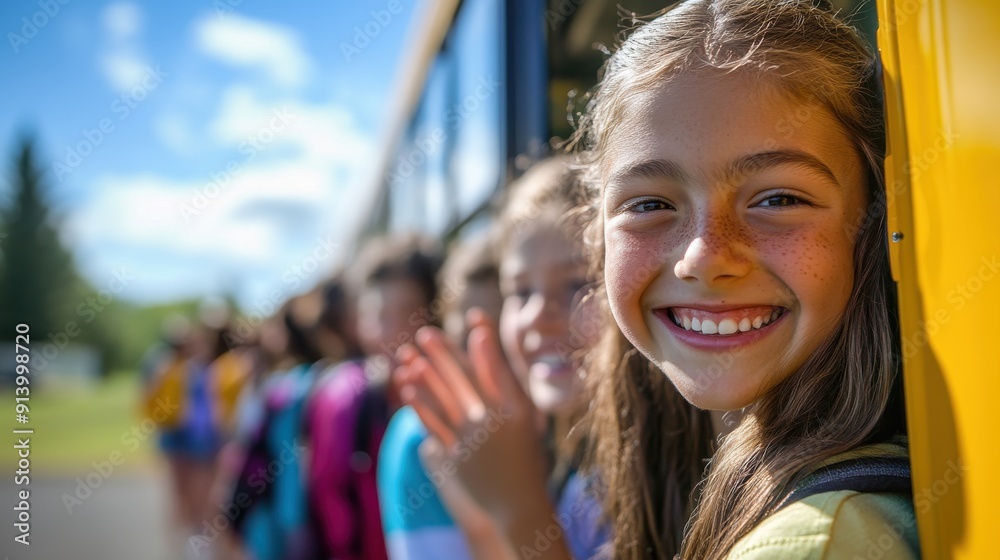 Middle school students lining up to board a yellow school bus for a ...