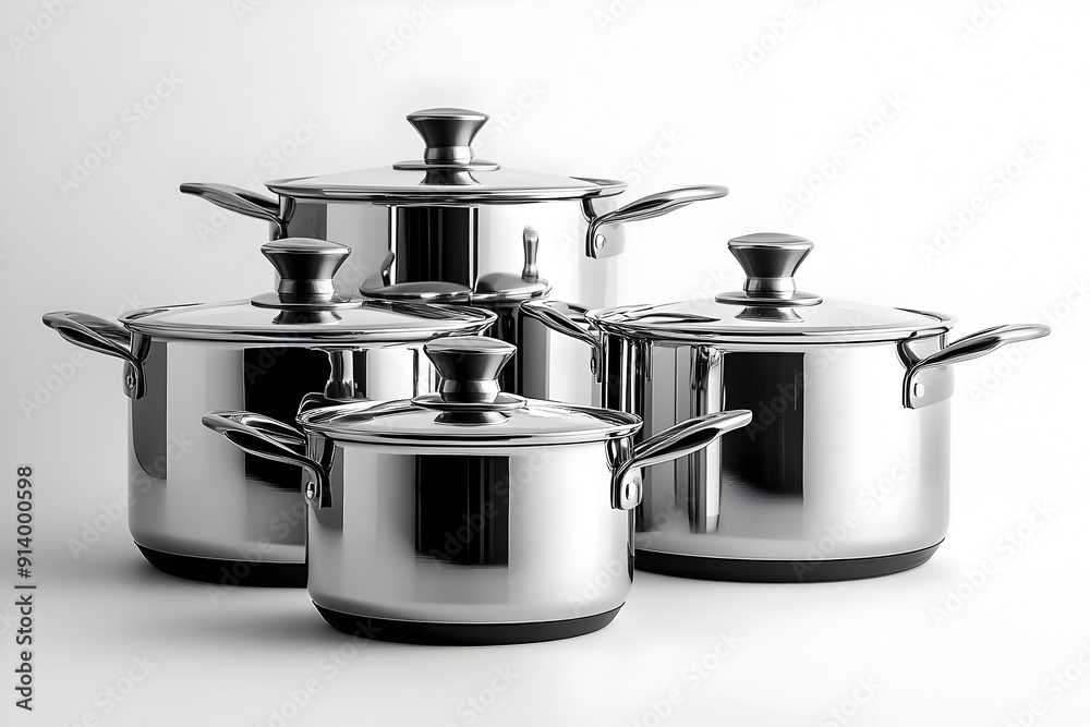 Stylish stainless steel cookware set featuring various sizes of pots ...