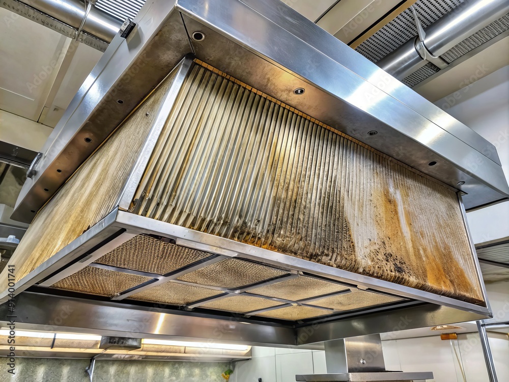 Filthy kitchen hood filter clogged with thick layers of grease and dust ...