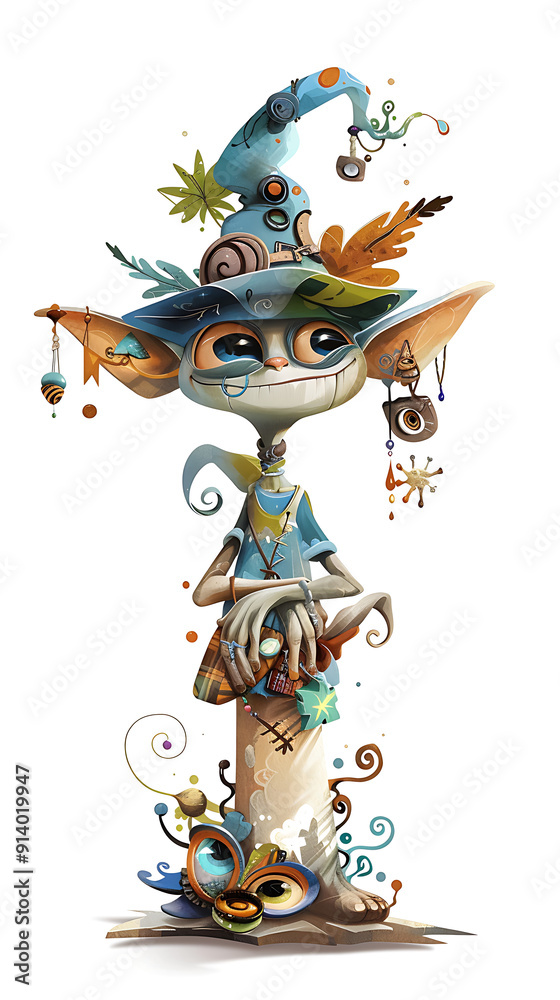 6. Cartoon-style goblin with a cap and colorful accessories, depicted ...