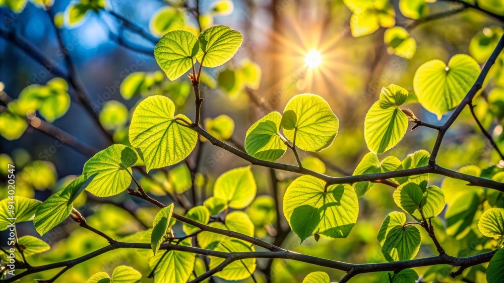 Vibrant green kidney-shaped leaves emerge on branches, backlit by warm ...