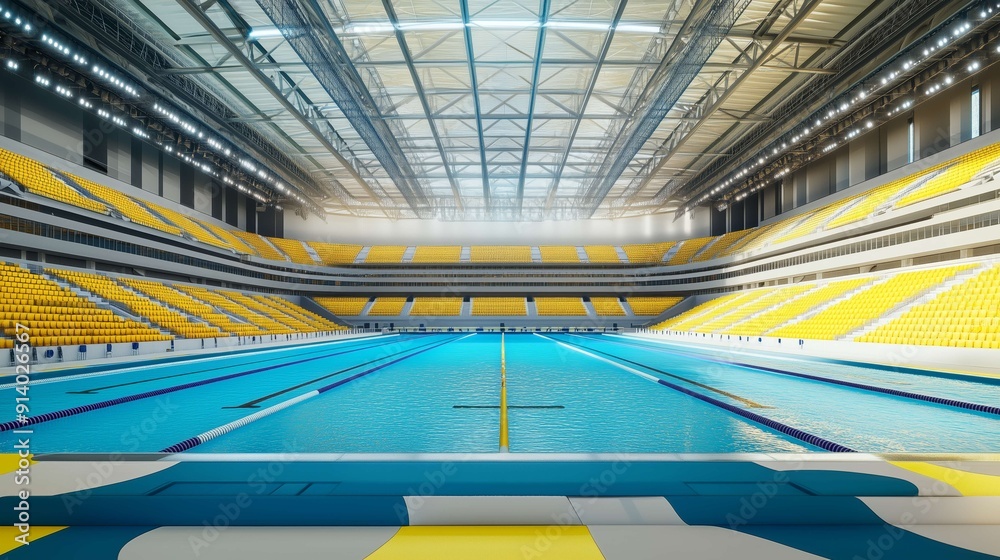 The modern olympic swimming pool shines blue, ready for athletes and ...