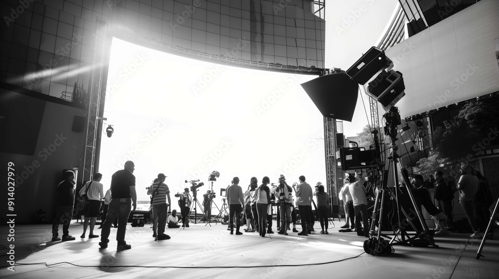 Large film crew is getting ready to shoot a scene for a movie or ...