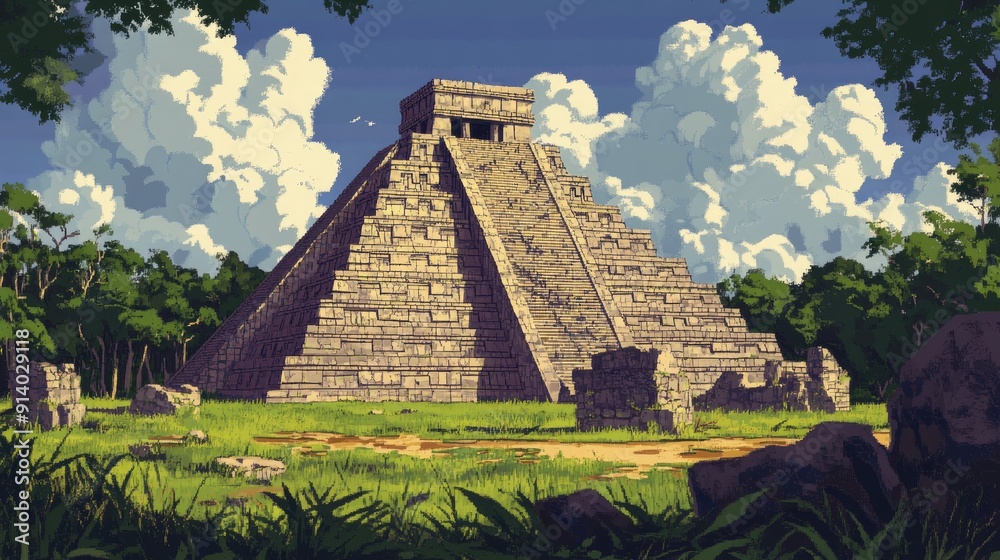 Animated Chichen Itza, 18-bit, representing the historical Mayan ruins ...