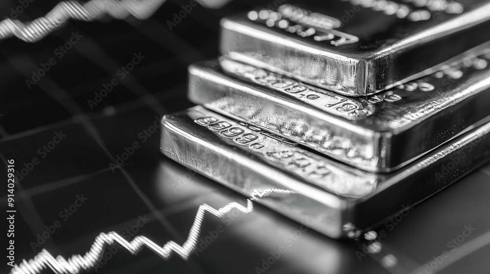 Stacked silver bars on a financial chart symbolize silver trading and ...