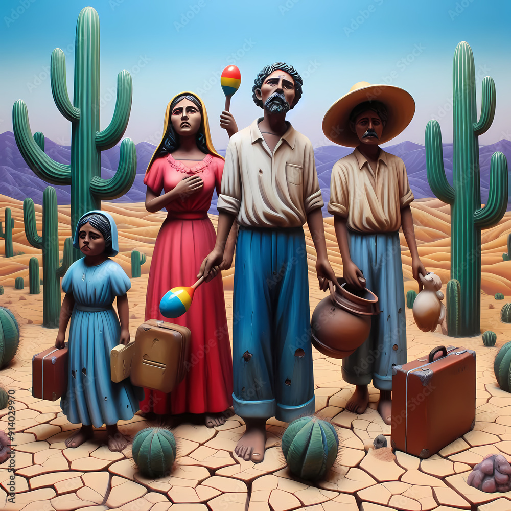 backlands, immigration, poverty, drought, hunger, people, illustration ...