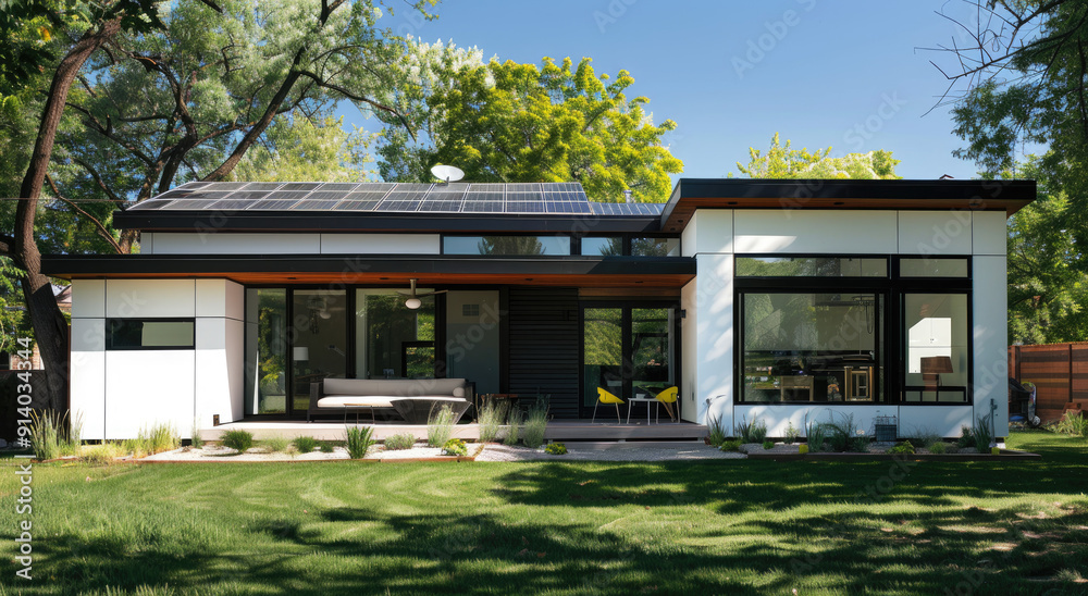 A modern off the grid home with solar panels on roof, white walls and ...