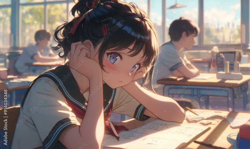 Contemplative Anime-Style Female Student Writing Test in Classroom ...