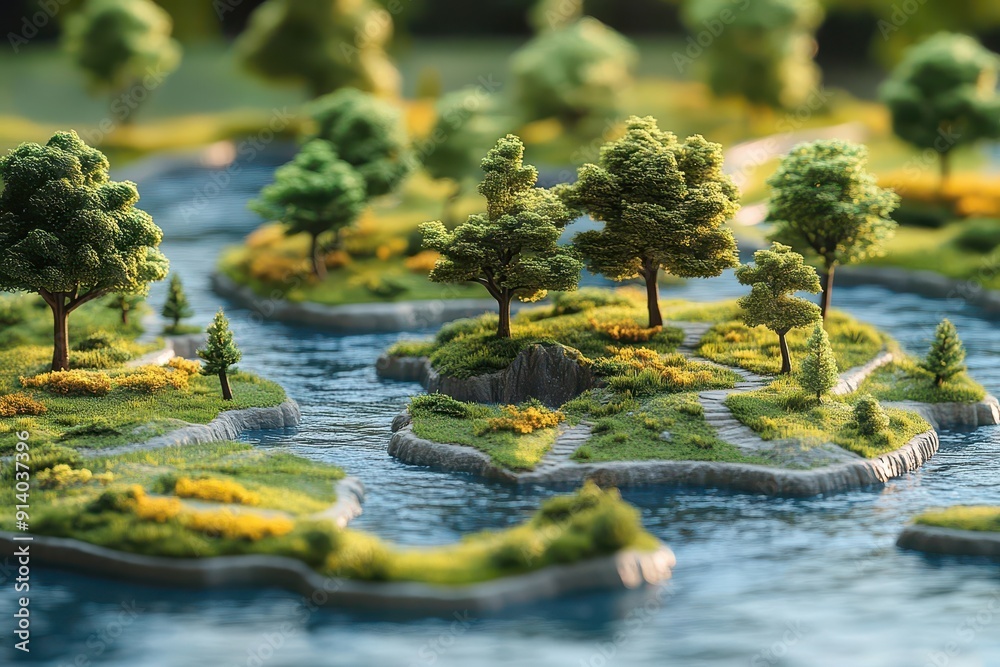3d game board miniature lakeside ecosystem serene landscape ...