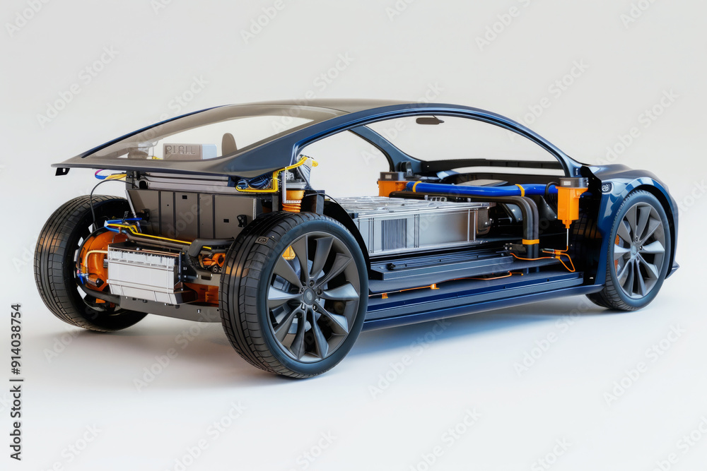 Cutaway view of electric car with battery engine and powertrain on ...
