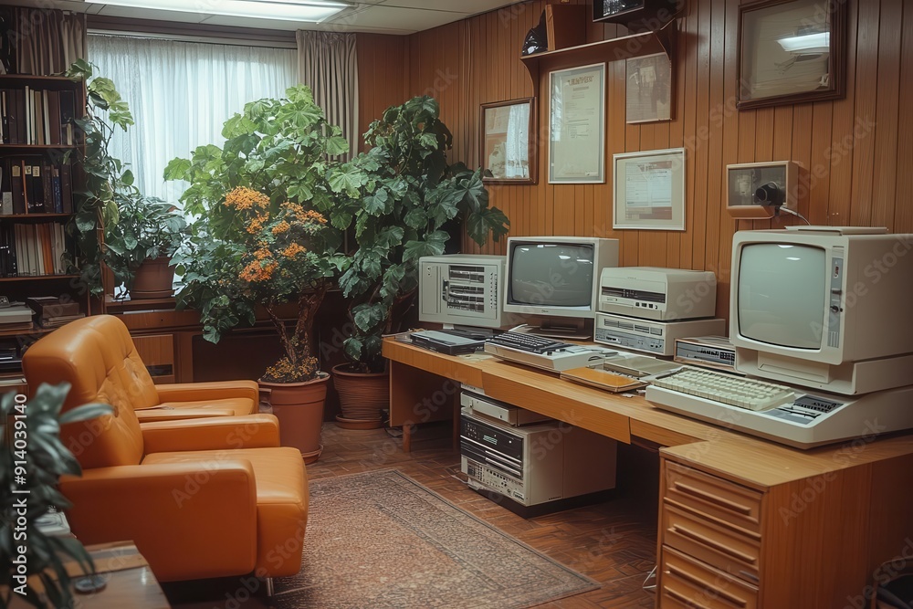1980s office nostalgia vintage computers wood paneling retro furniture ...