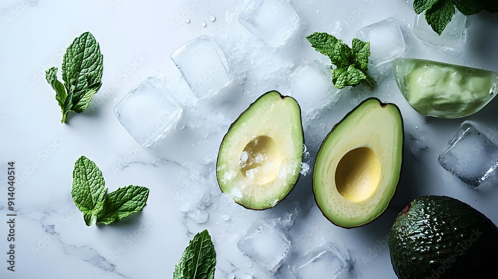 Bright avocado cocktail ingredients, white marble countertop, ice cubes ...