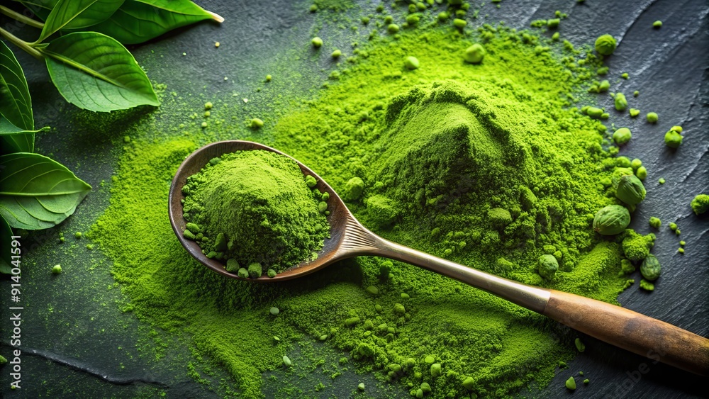 Vibrant green matcha powder sprawls across the surface, creating a soft ...
