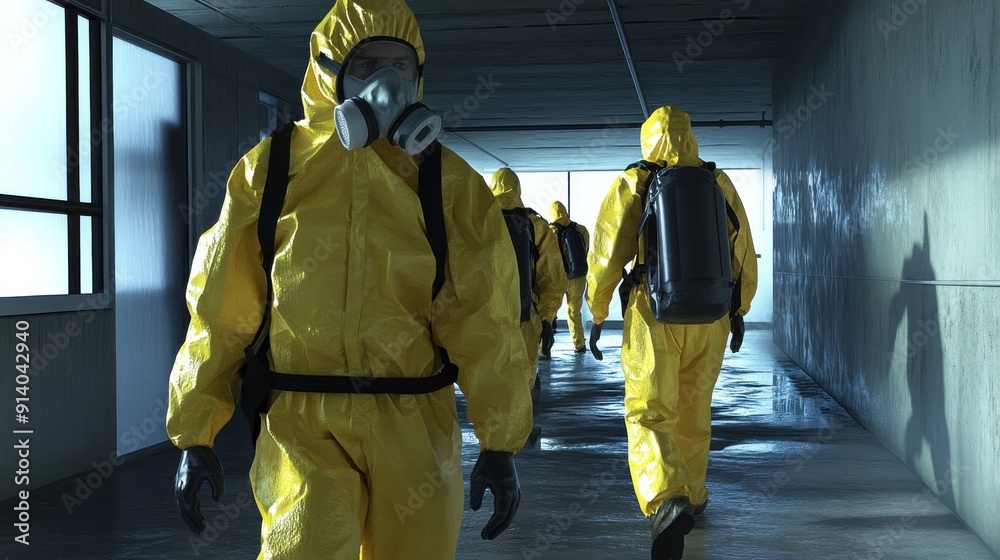 Generate a photo realistic image of workers training on biohazard ...