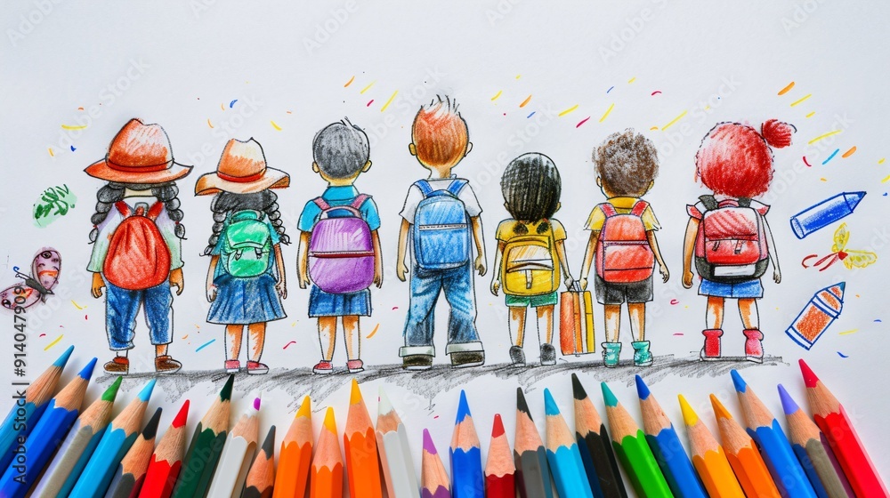 Rentrée scolaire, dessin d'enfant allant à l'école, avec des crayons de ...