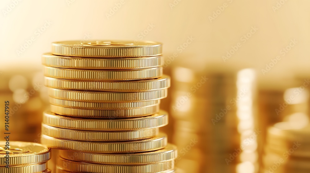 Stacks of gold coins on light gold background, financial wealth concept ...