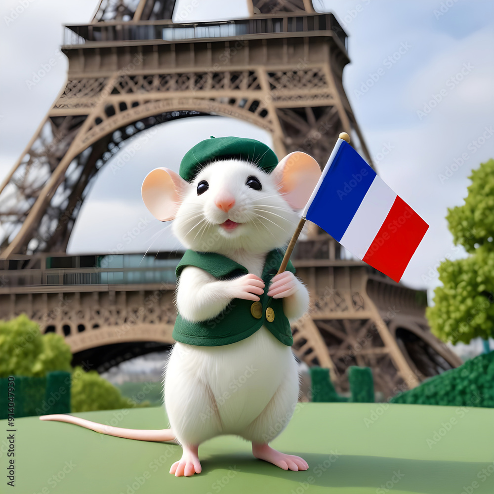 White mouse wearing green outfit and holding French flag in front of ...