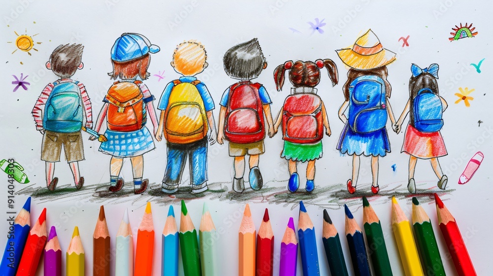 Rentrée scolaire, dessin d'enfant allant à l'école, avec des crayons de ...