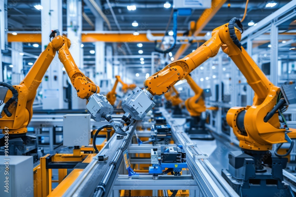 High-tech factory floor featuring robotic arms and autonomous mobile ...